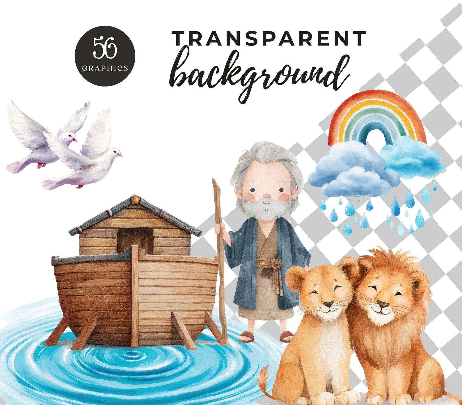 Noah's Ark Watercolor Clipart | Bible Story Animals PNG (digital ...