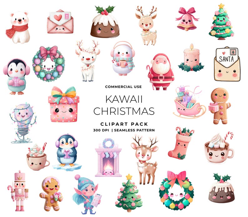 Kawaii Christmas Clipart, Cute Holiday PNG Stickers (digital Download ...