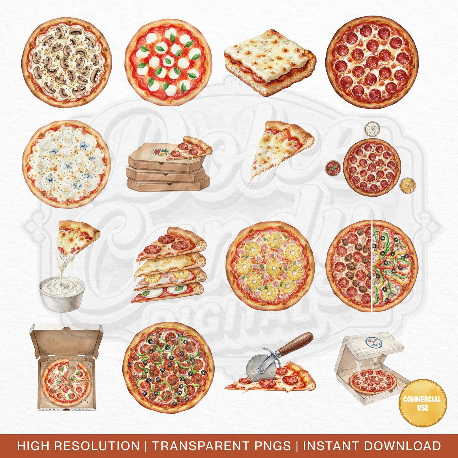 Watercolor Pizza Clipart Set, Food Illustrations (PNG, Digital Download ...
