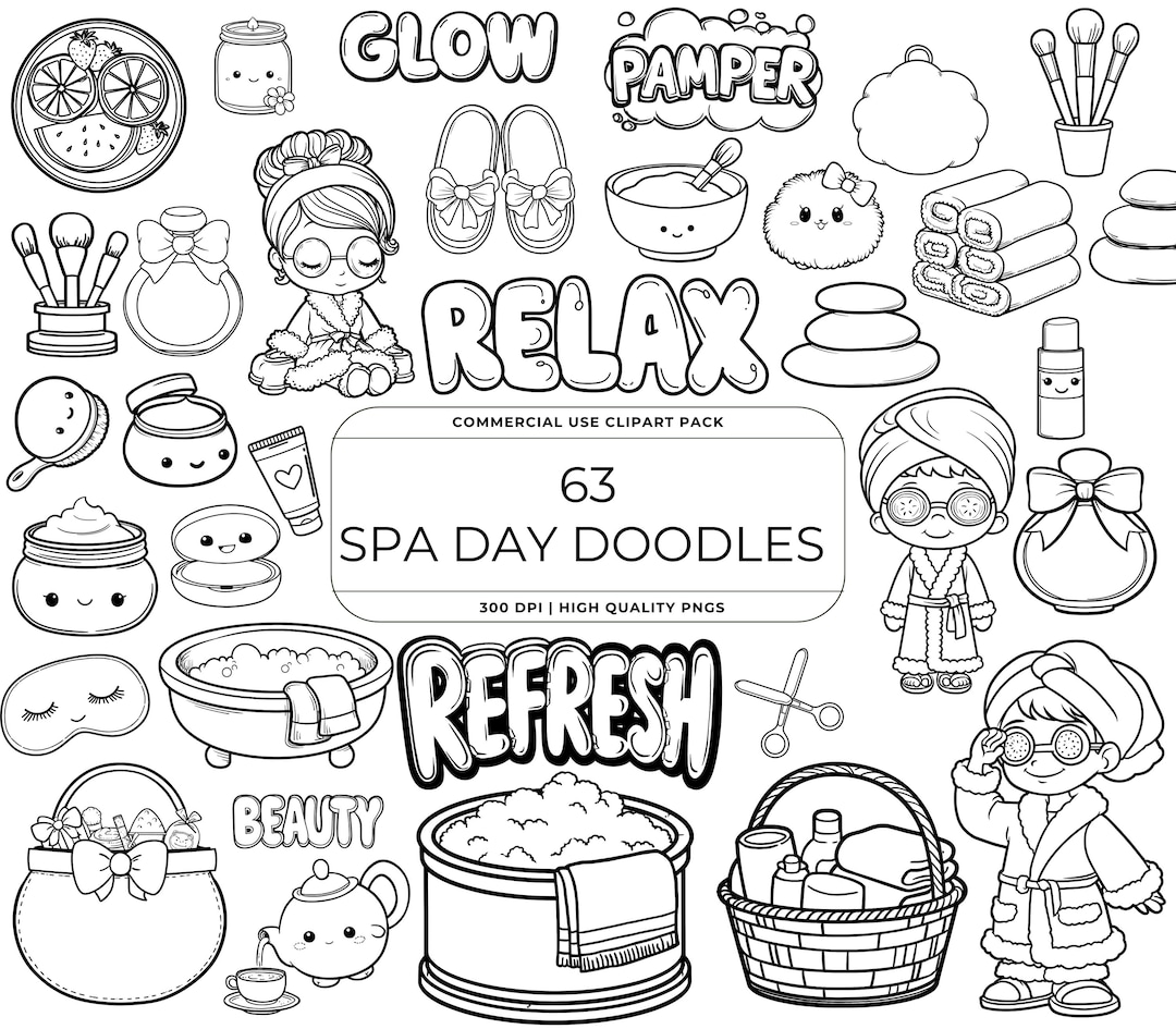 Spa Day Doodle Outline Clipart | Pamper Party Line Art for Colouring ...