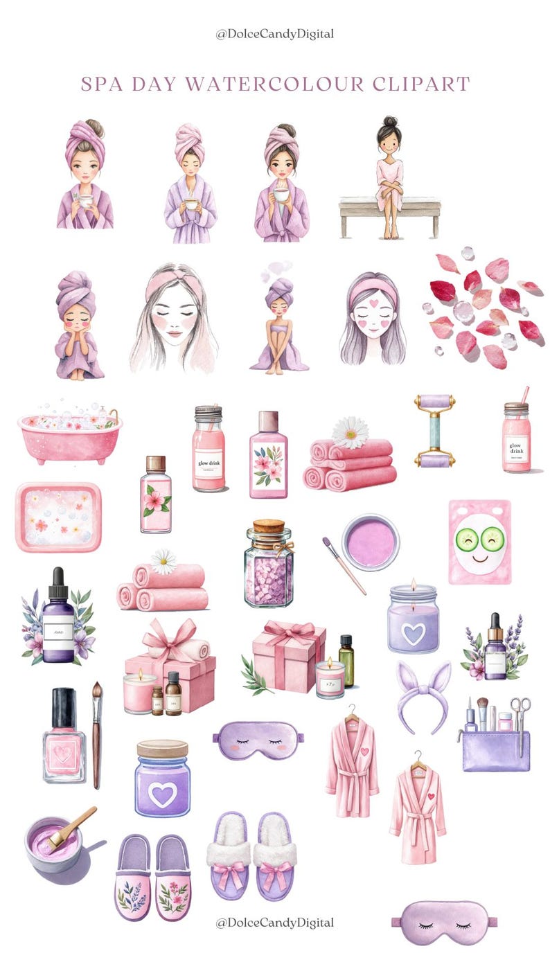 Cute Spa Day Clipart, Pastel Spa Girls & Accessories, Pink Purple Spa ...