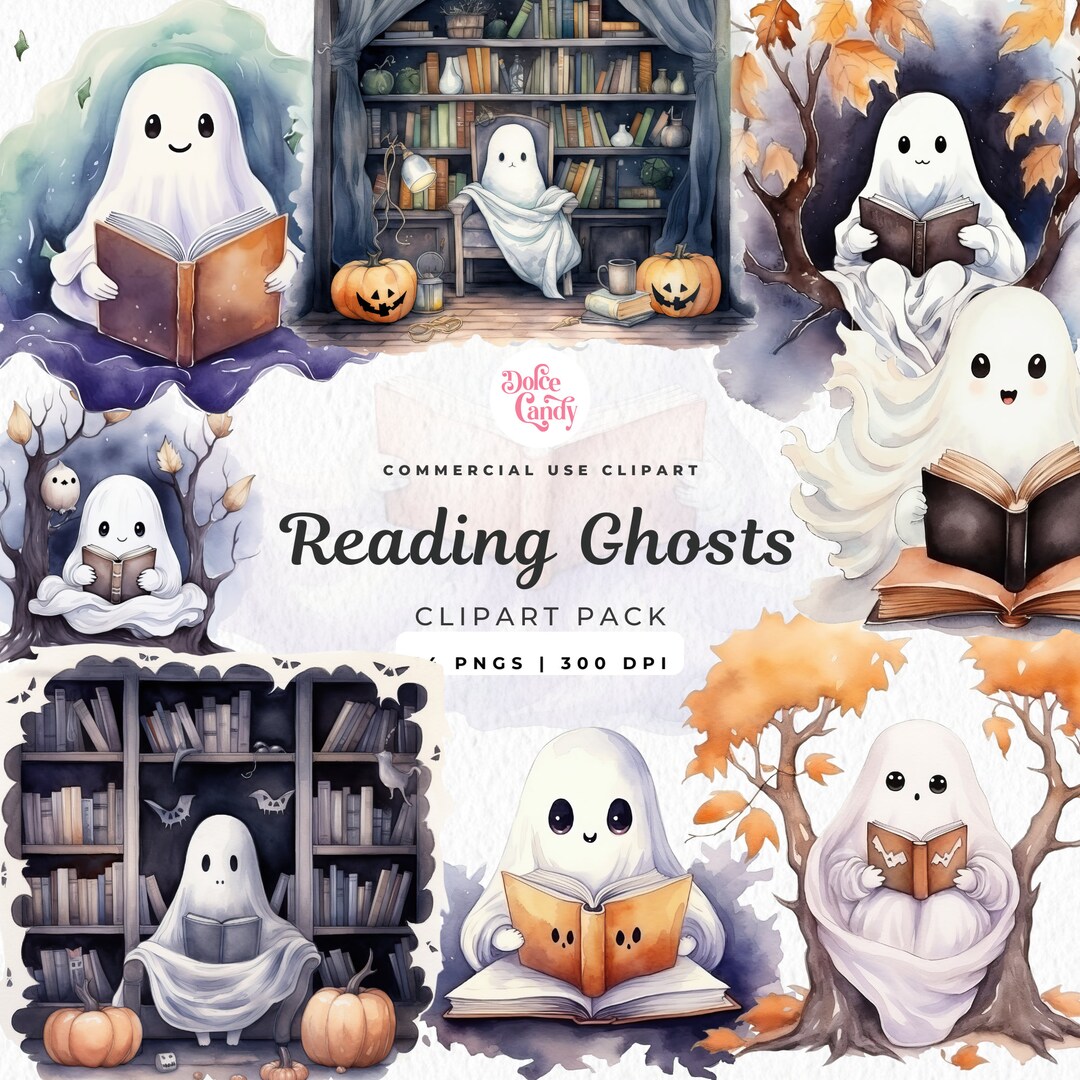 Ghost Reading Book Clipart, Watercolour Png, Retro Halloween, Book ...