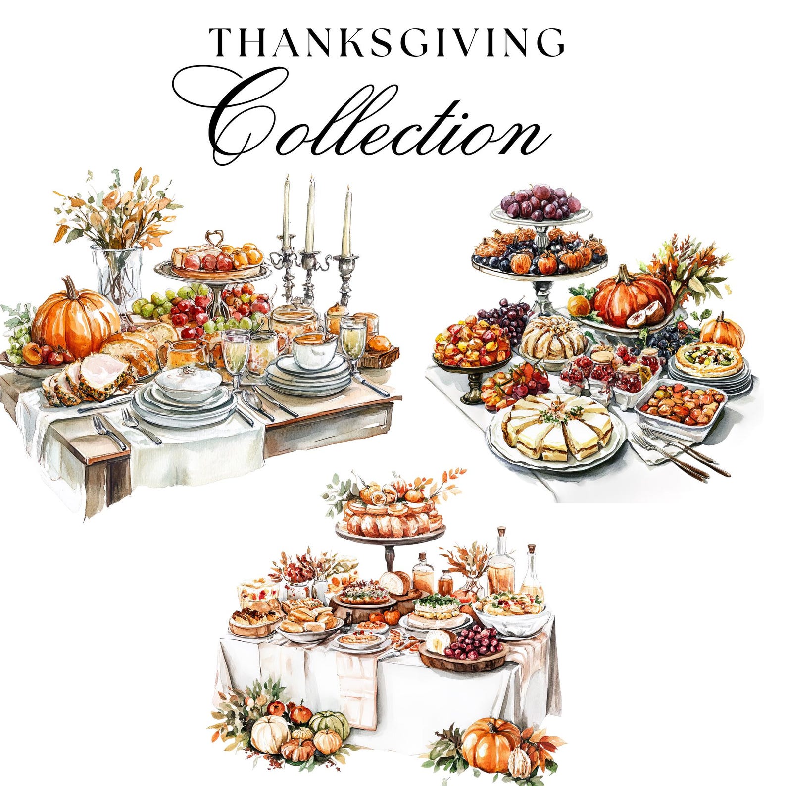 Watercolour Thanksgiving Table Clipart, Rustic Thanksgiving Dinner ...