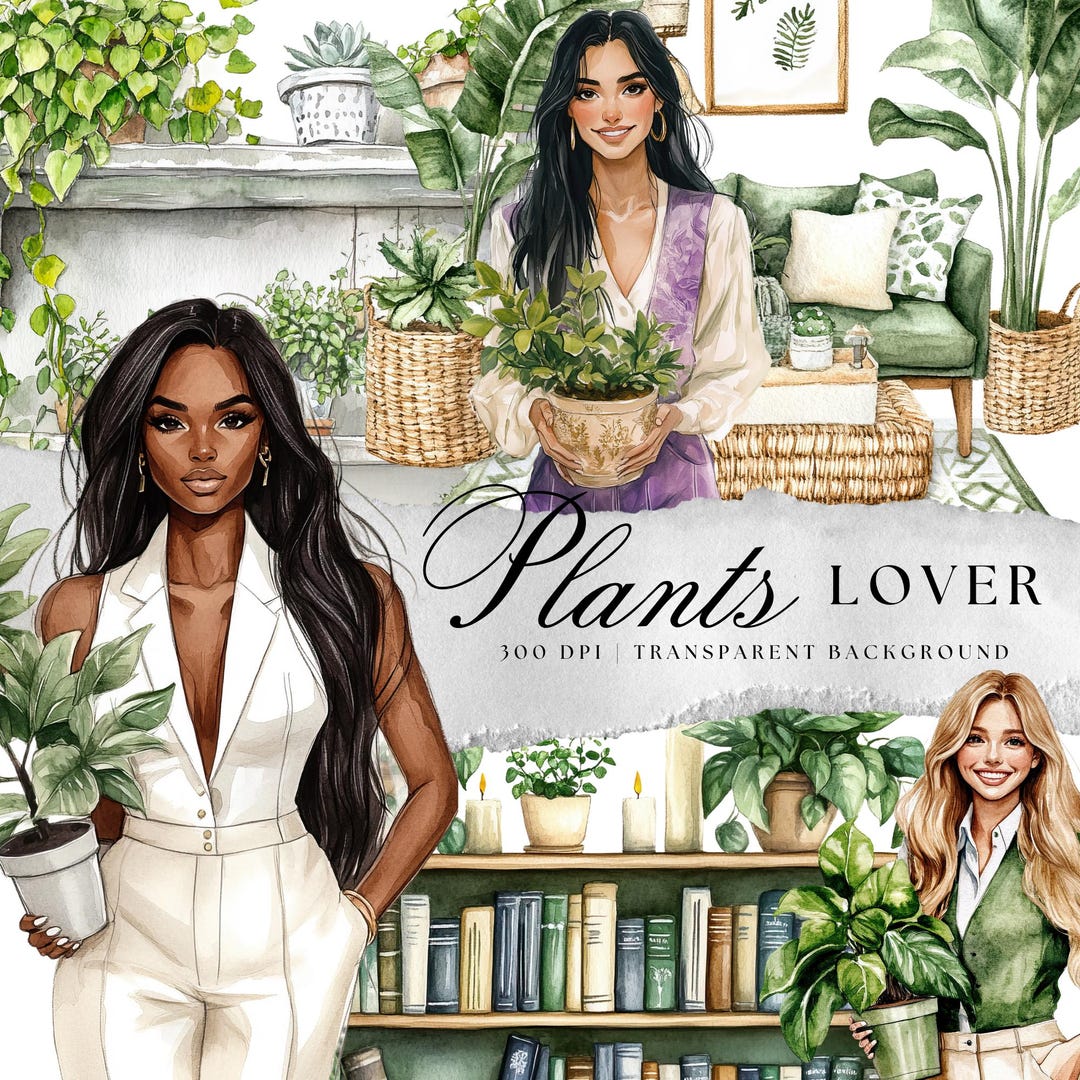 Watercolour Plant Lover Clipart, Botanical Clipart, Planner Girl Woman ...