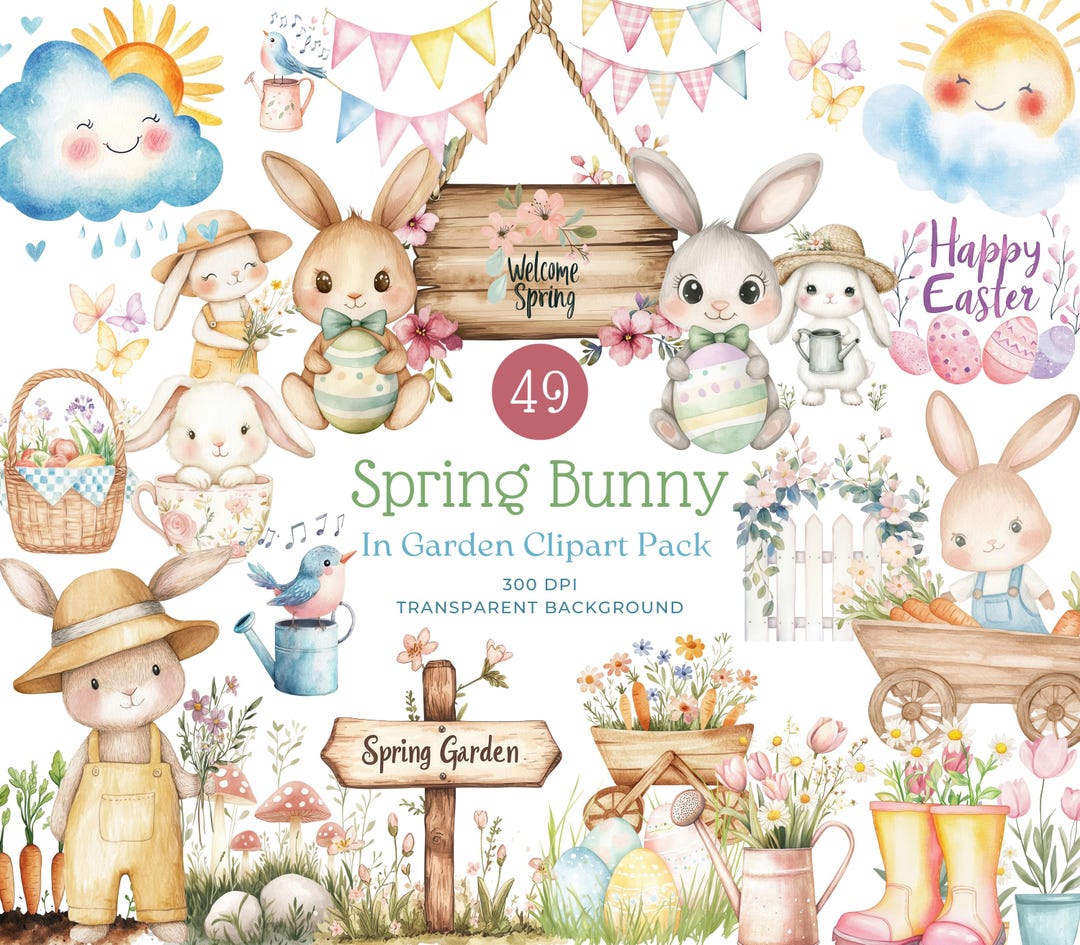 Spring Bunny Garden Clipart PNG Set – Pastel Easter Bunny, Baby Shower ...