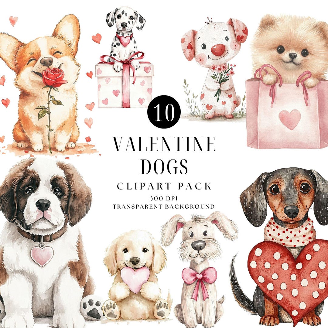 Valentine Dogs Clipart Bundle, Cute Puppy Clipart, Watercolour ...