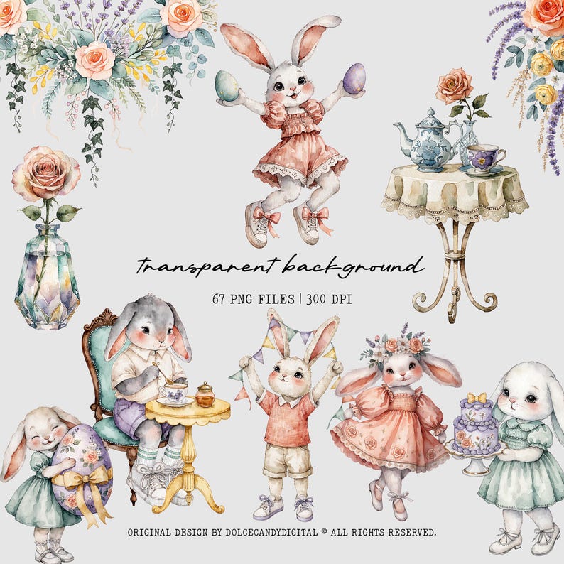 Watercolour Easter Bunny Clipart, Tea Party Nursery Graphics (digital ...