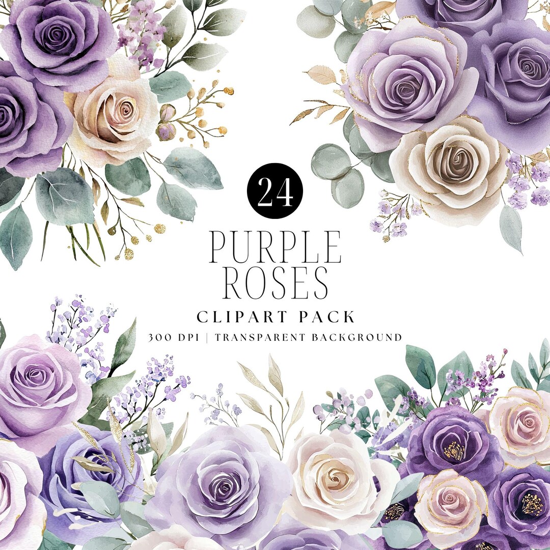 Purple Roses Watercolour Clipart, Violet Floral Wedding Bouquet, Gold ...