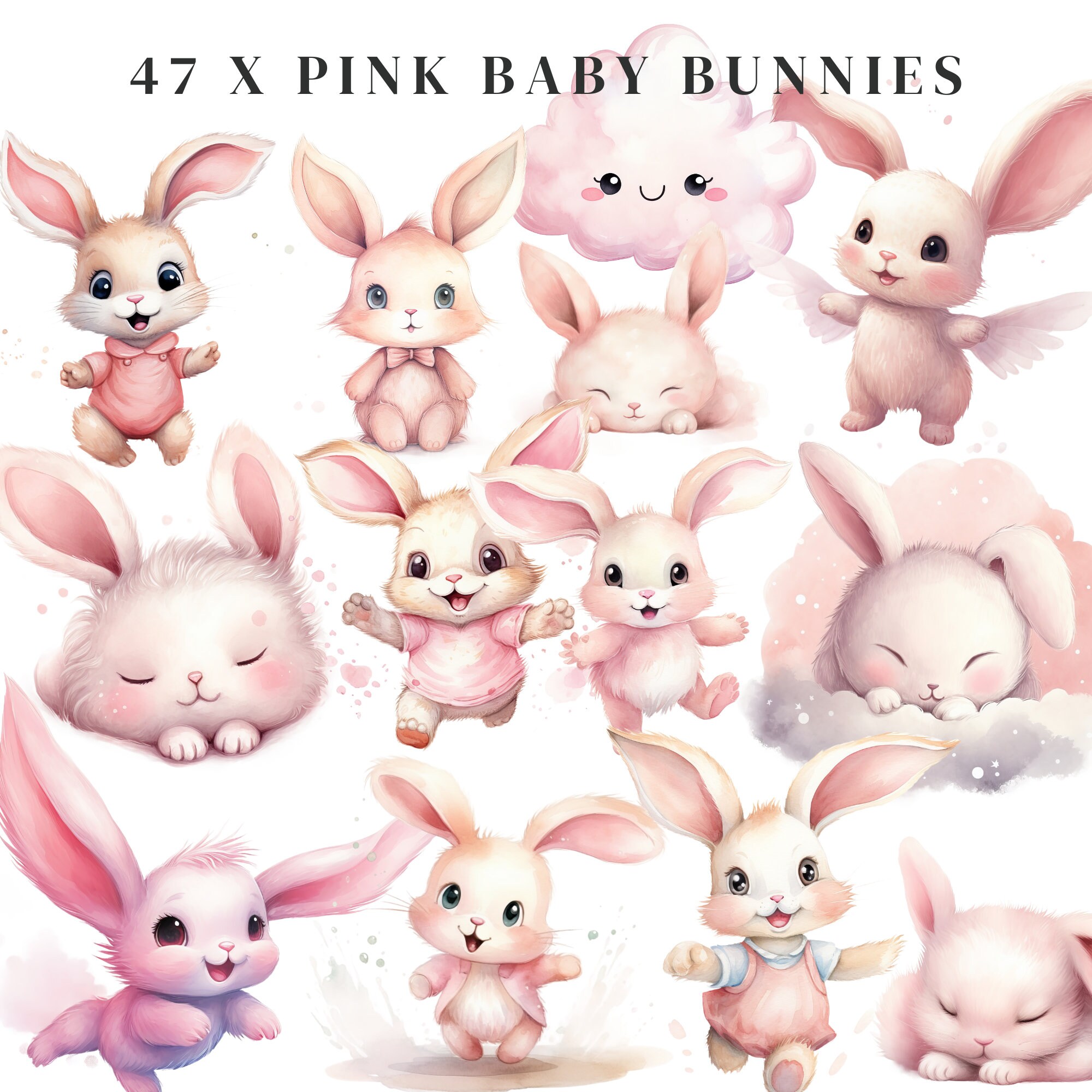 Watercolour Cute Pink Baby Bunny Clipart, Pink Nursery Png, Easter ...