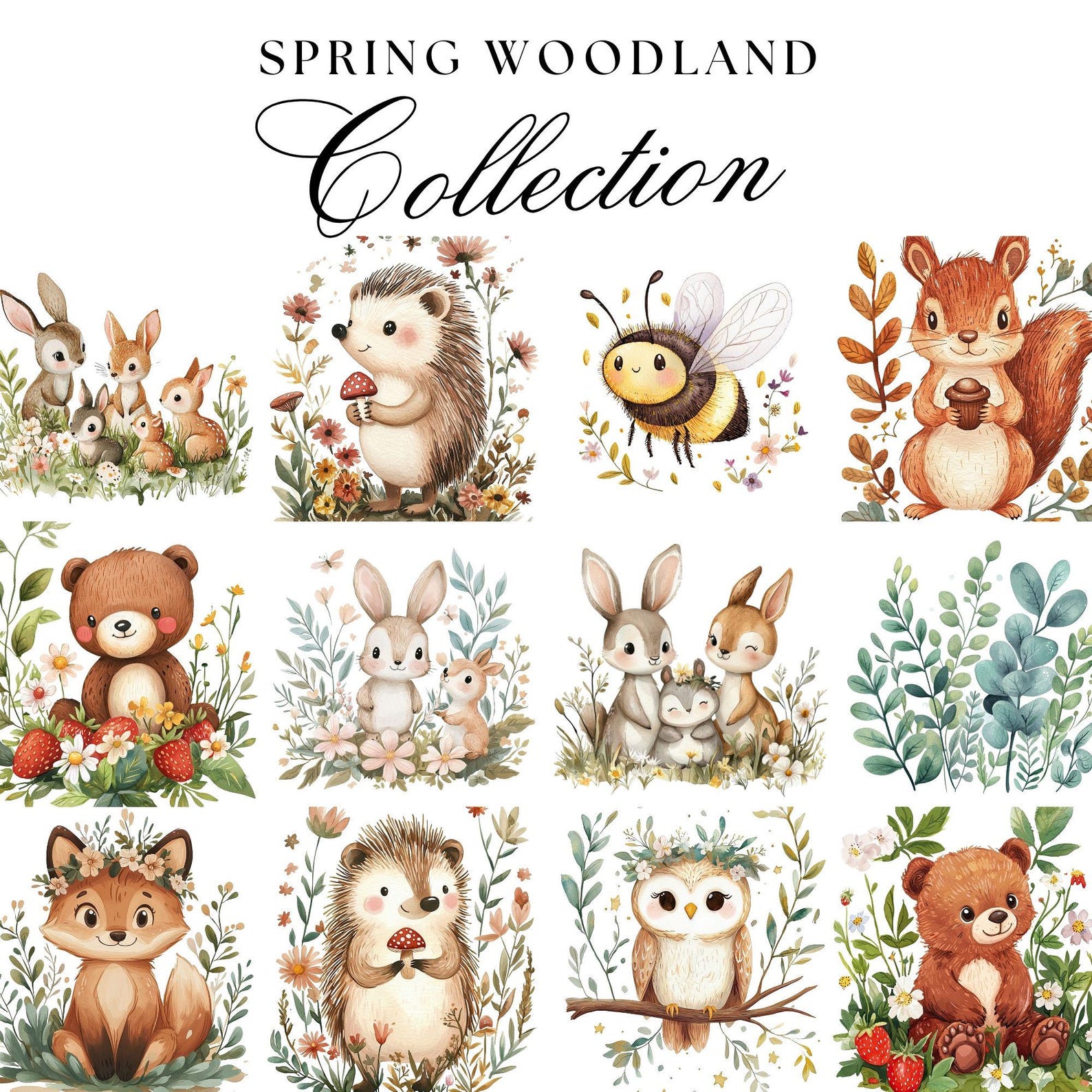Spring Woodland Clipart, Baby Animal, Watercolour Clipart Bundle, Cozy ...