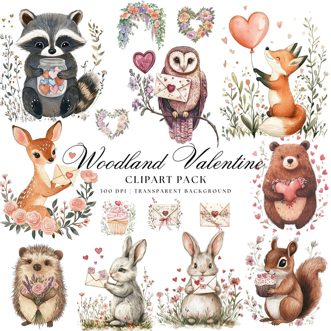 Woodland Animal Valentine Clipart, Watercolour Valentines Day Clipart ...