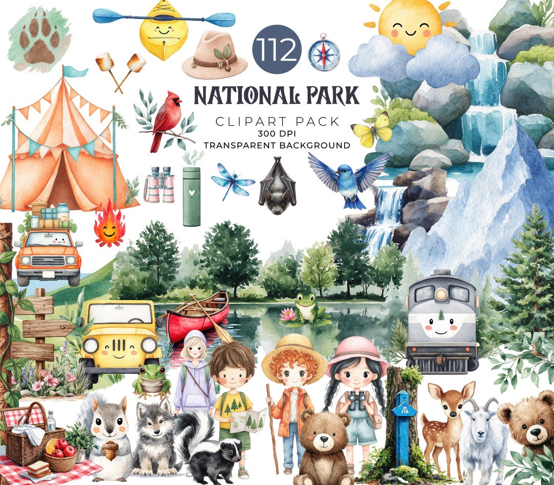 National Park Adventure Clipart Bundle, Cute Forest Animals Nature ...