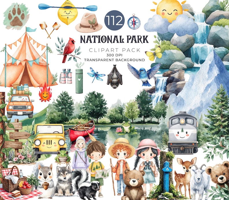 National Park Adventure Clipart Bundle, Cute Forest Animals Nature ...