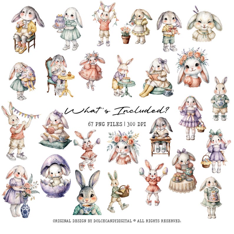 Watercolour Easter Bunny Clipart, Tea Party Nursery Graphics (digital ...