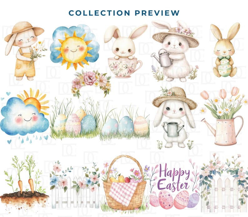 Spring Bunny Garden Clipart PNG Set – Pastel Easter Bunny, Baby Shower ...