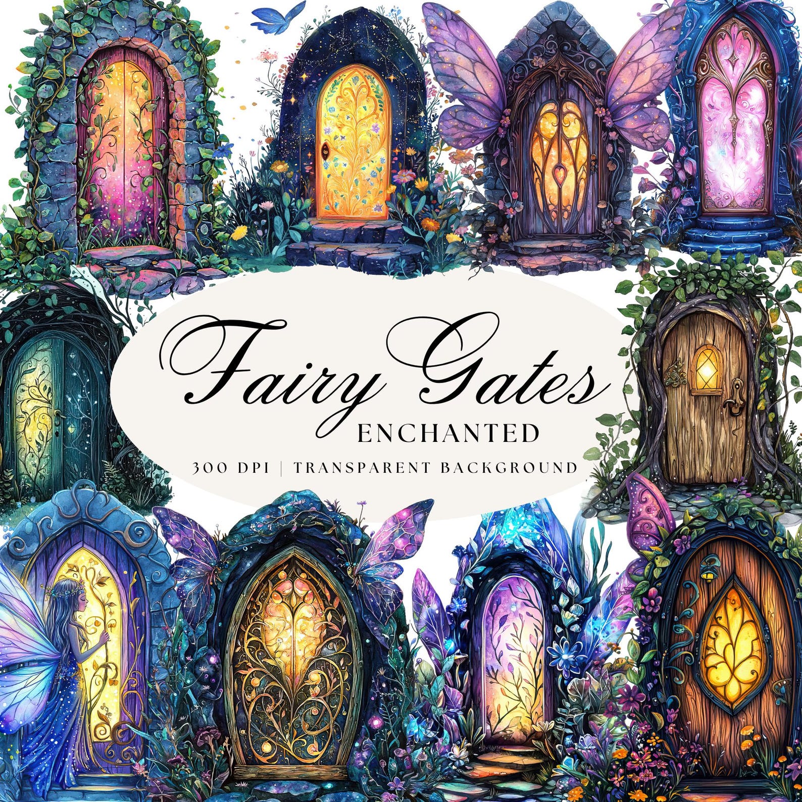 Watercolor Fairy Tale Gate Clipart, Magical Woodland Doors (commercial ...
