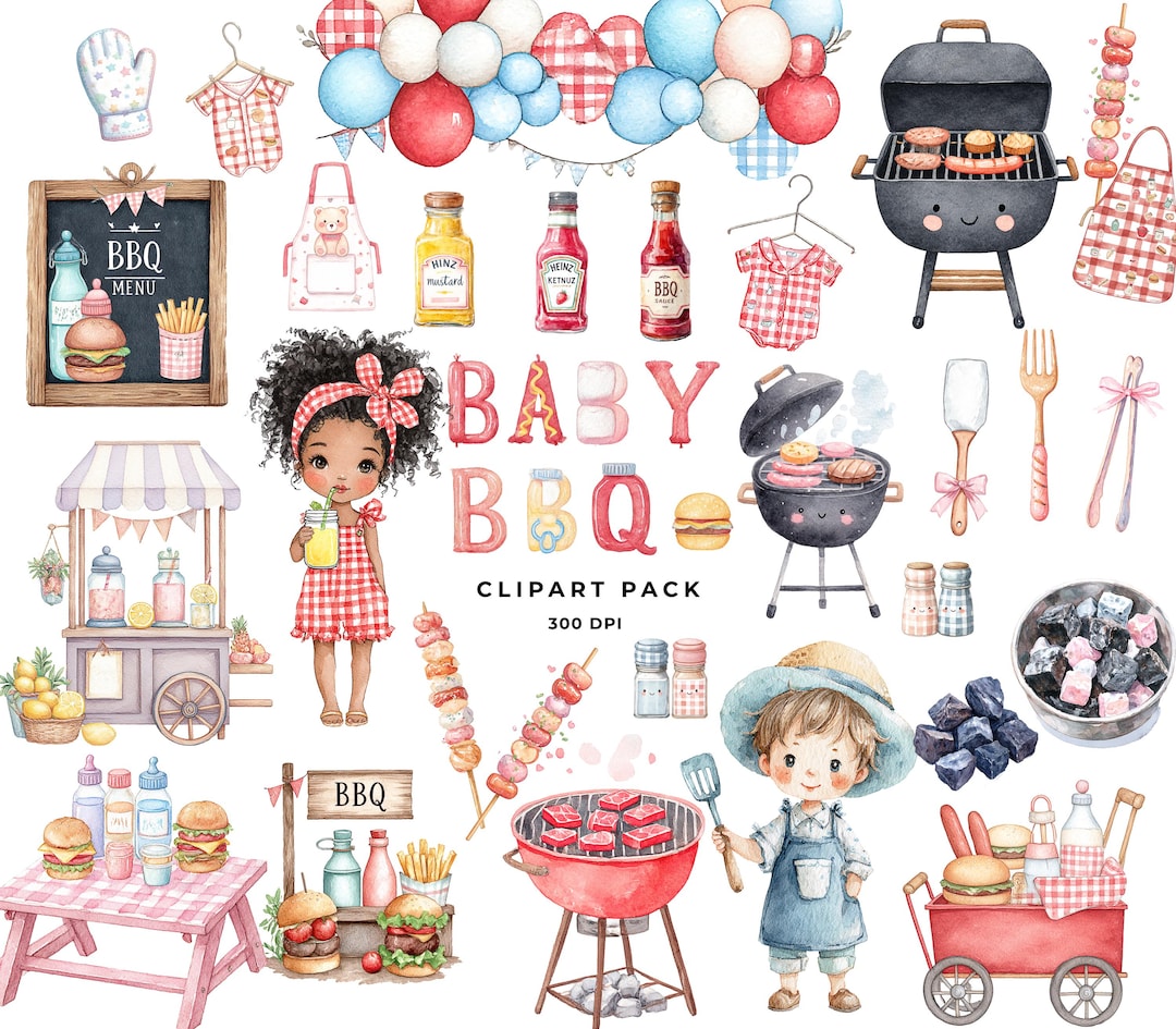 Baby BBQ Watercolor Clipart, Gingham Summer PNG Graphics (digital ...