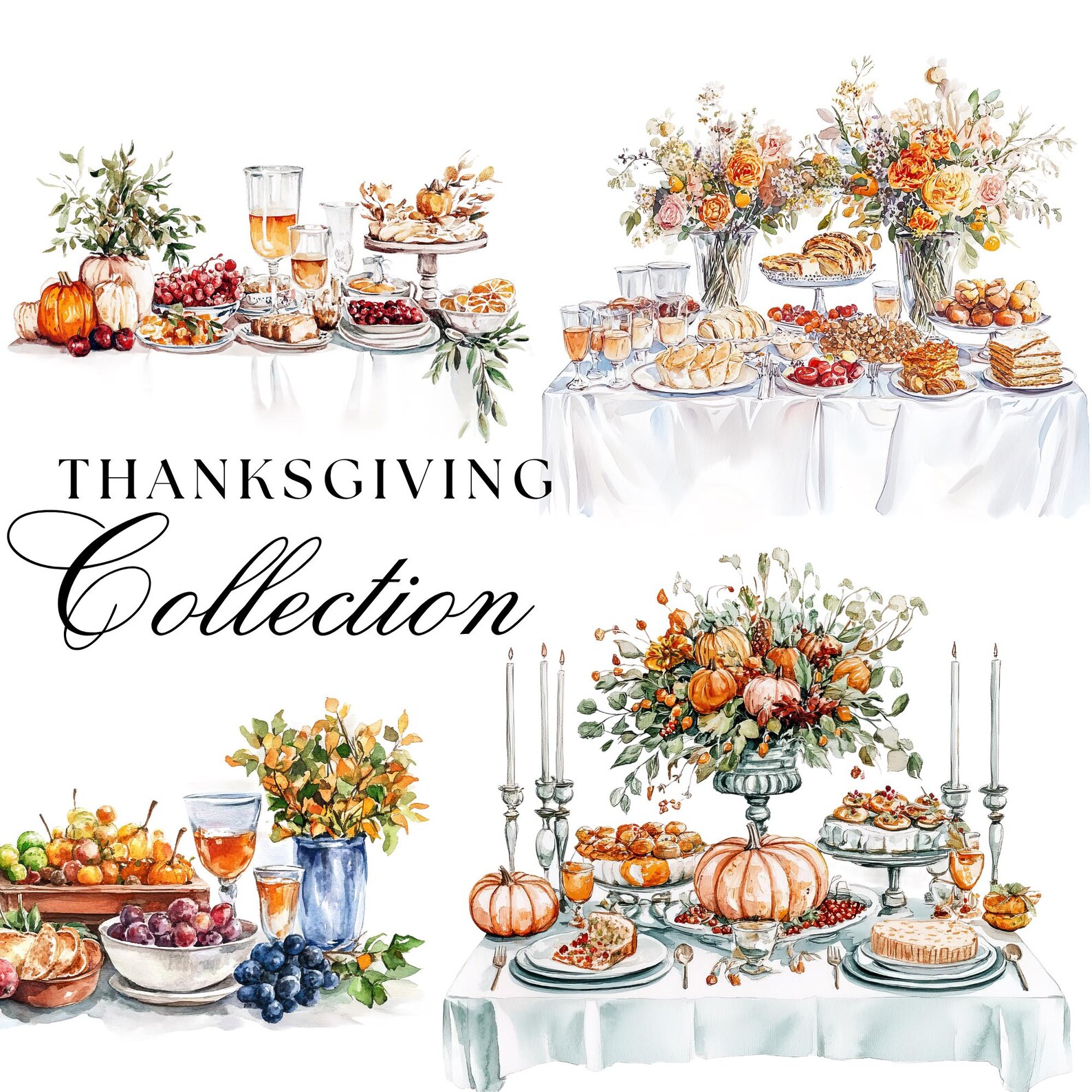 Watercolour Thanksgiving Table Clipart, Rustic Thanksgiving Dinner ...