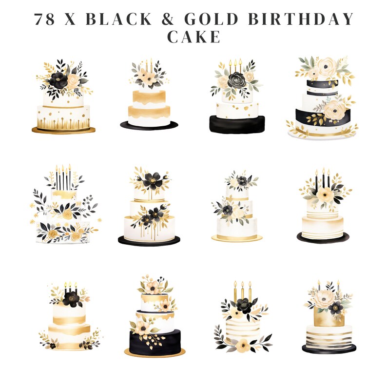 Watercolour Black and Gold Floral Birthday Cake, Celebration, Party ...