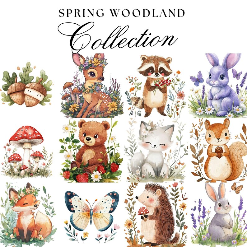 Spring Woodland Clipart, Baby Animal, Watercolour Clipart Bundle, Cozy ...
