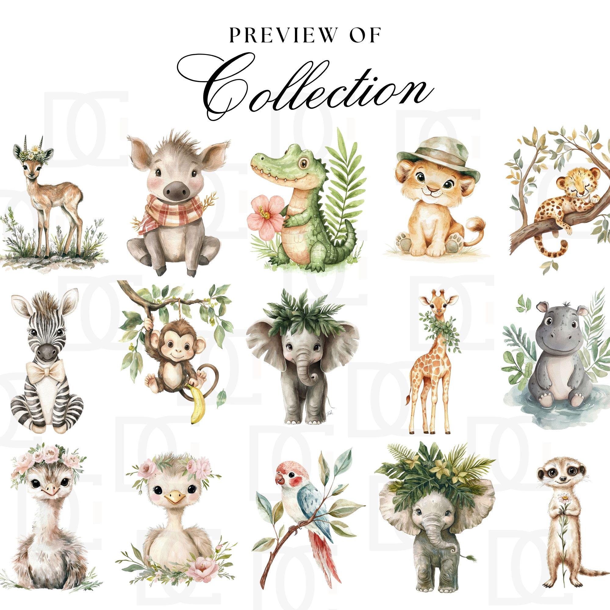 Cute Safari Animals Clipart Bundle, Watercolour Jungle Animals ...