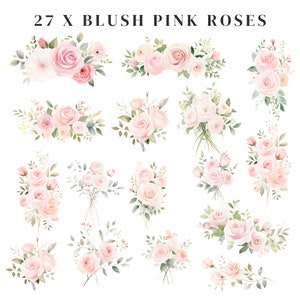 Watercolour Blush Pink Rose Flower Clipart Bundle, Flower Bouquet ...