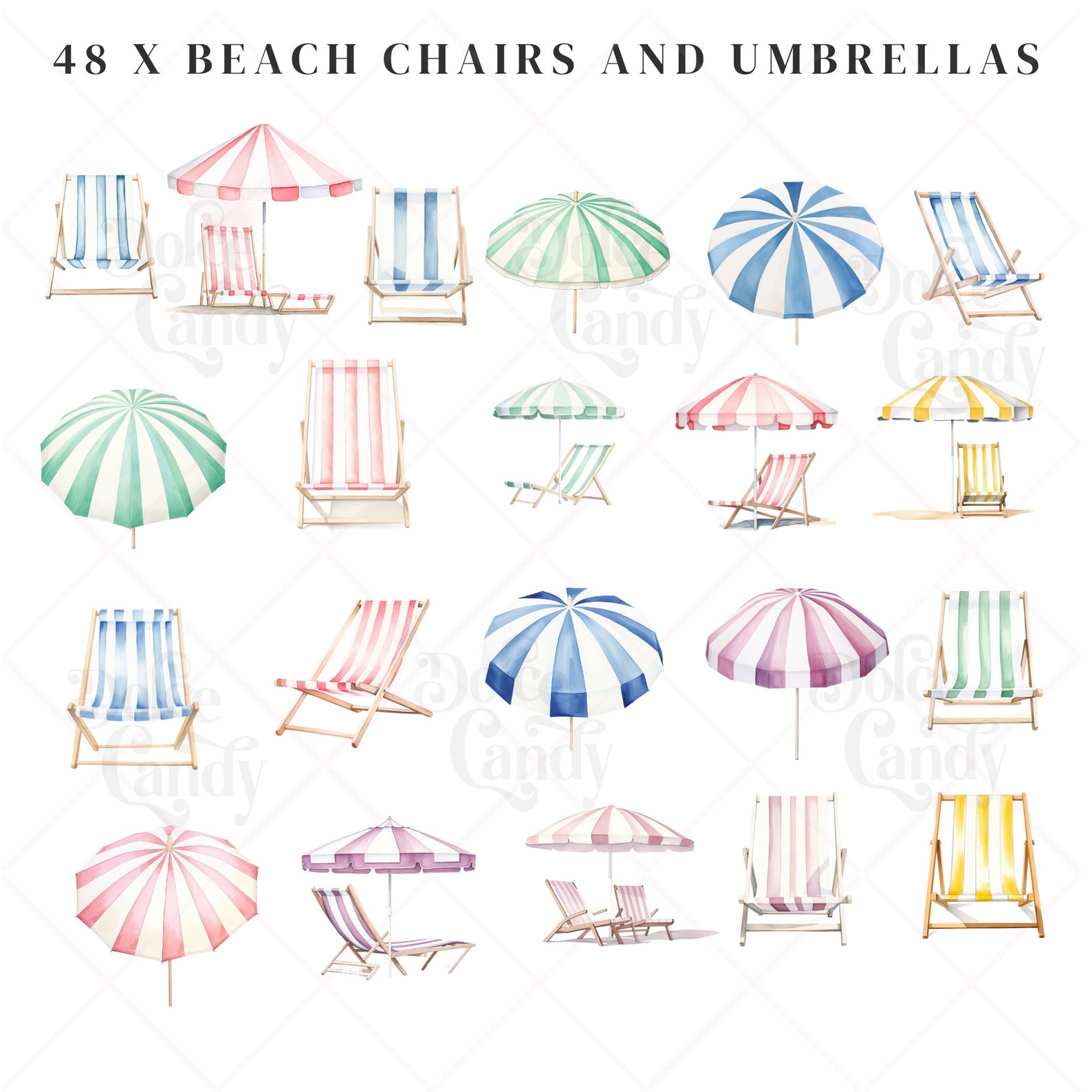 Watercolour Pastel Beach Chairs and Umbrellas, Holiday Clipart ...