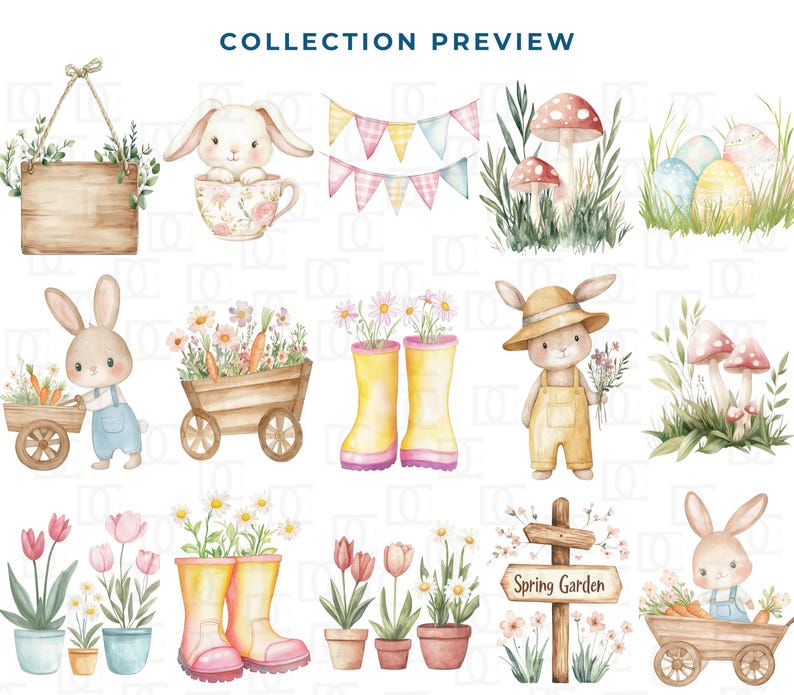 Spring Bunny Garden Clipart PNG Set – Pastel Easter Bunny, Baby Shower ...