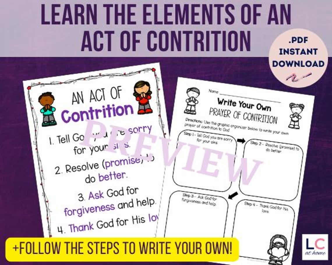 Act of Contrition Catholic Prayer Worksheets | Sacrament of First ...