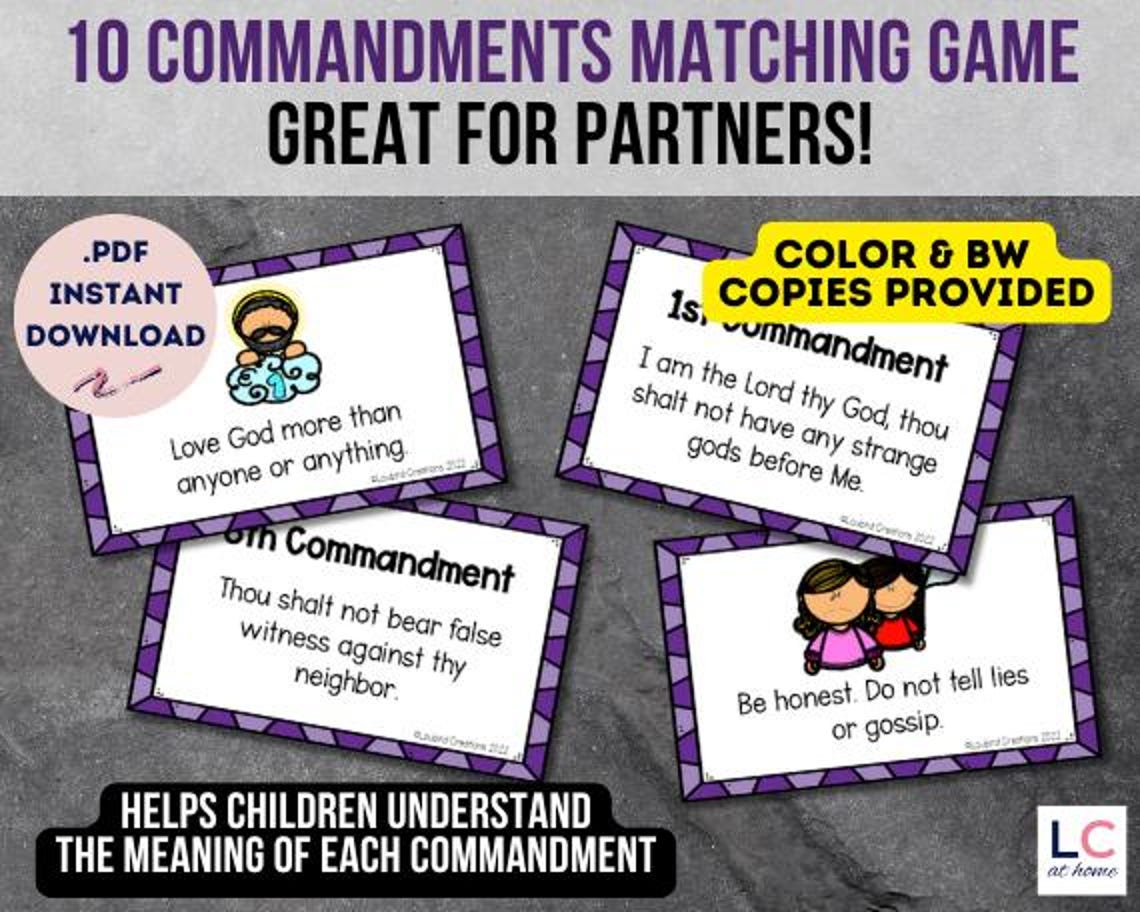 10 Commandments Matching Game | Worksheets for Catholic Kids | Sunday ...