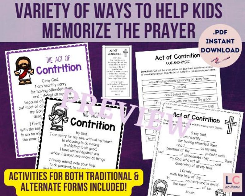 Act of Contrition Catholic Prayer Worksheets | Sacrament of First ...