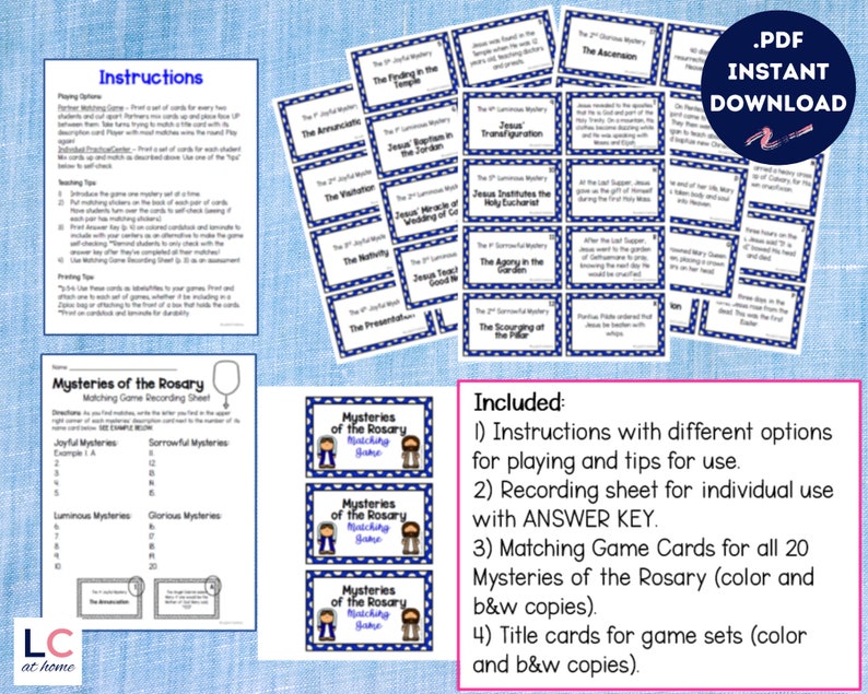 Mysteries of the Holy Rosary Matching Game Activity | Catholic | Rosary ...