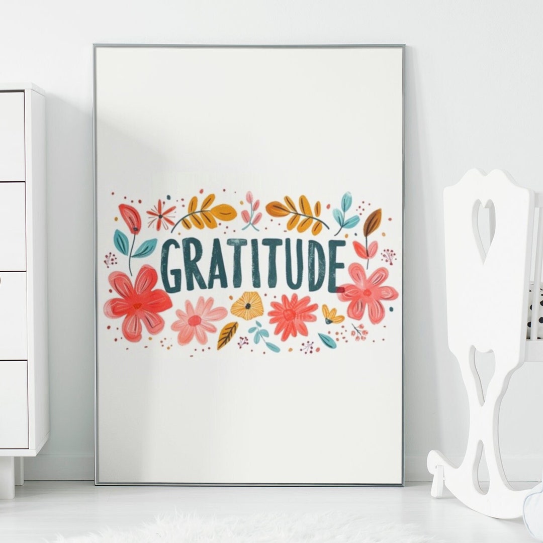 Gratitude Wall Art, Cute Minimalist Poster, Nursery Flower Decor, Kid's ...