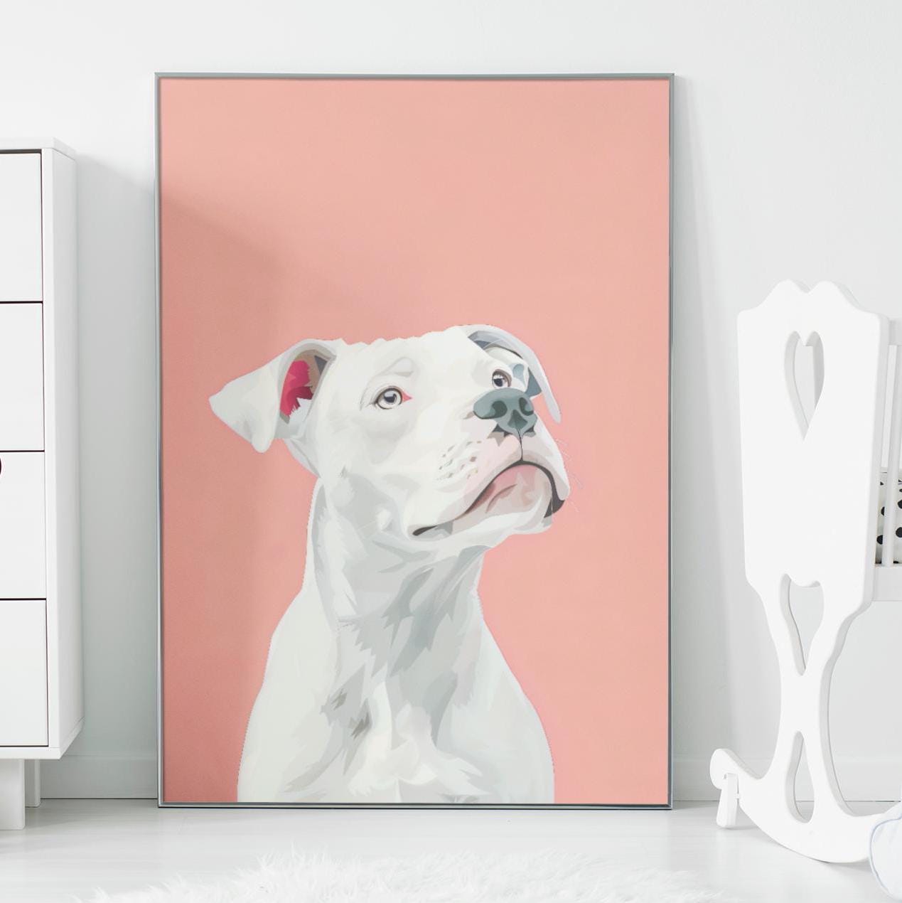 White Pitbull Wall Art, Cute Poster, Nursery Decor, Kid's Room Poster ...