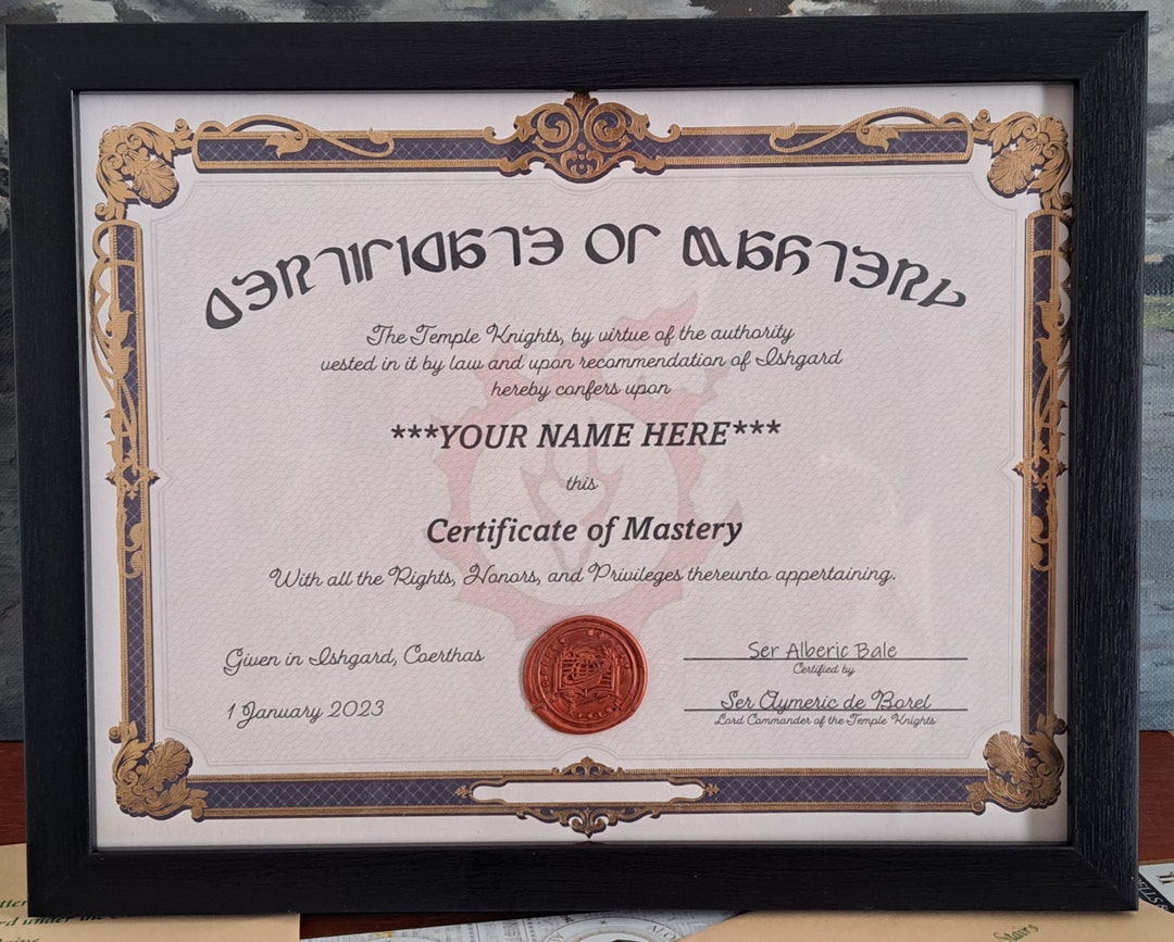 FFXIV Job Mastery Certificate W/ Frame (dragoon, Monk, Ninja, Samurai ...