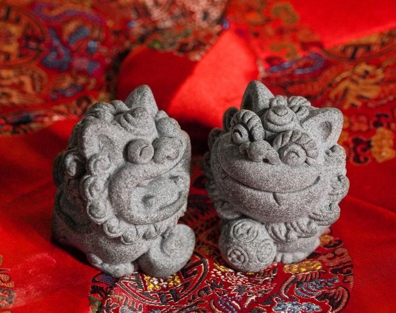 Pair of Miniature Foo Dog Stone Statues Inspired by Guardian Lion ...