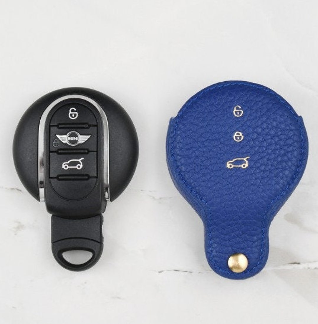 Mini Cooper Car Key Leather Cover and Keychain in Blue Pebble Grain ...