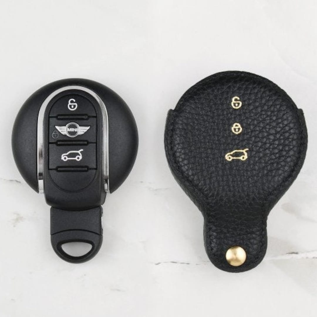 Mini Cooper Car Key Leather Cover and Keychain in Black Pebble Grain ...