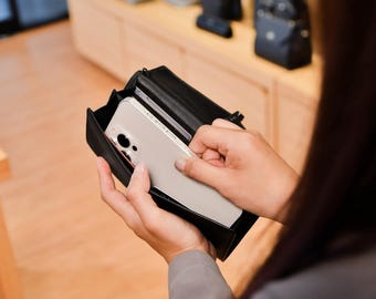 Orange Pebble Grain Genuine Leather Crossbody Phone Purse in Black ...