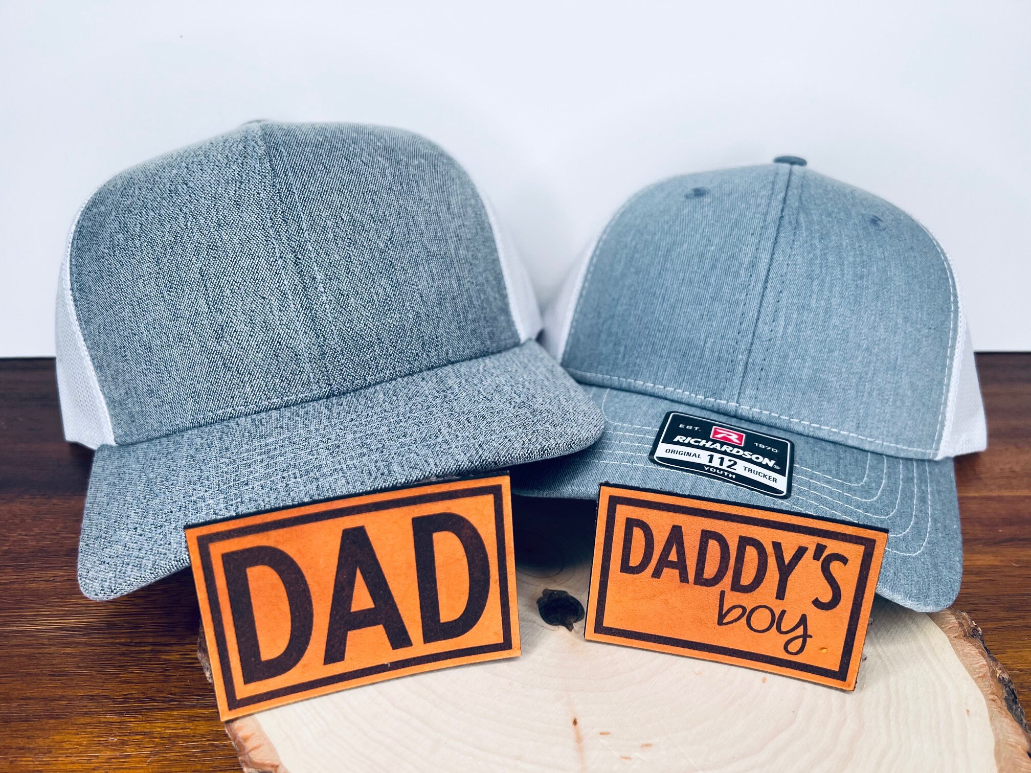 Dad and Youth Hat Set. Engraved Leather Hat Patch Dad Patch - Etsy