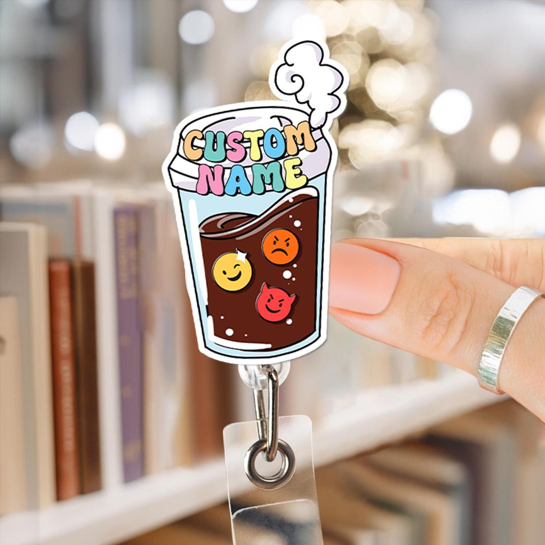 Custom Name Coffee Cup School Badge Reel, Teacher Name Badge Reel ...
