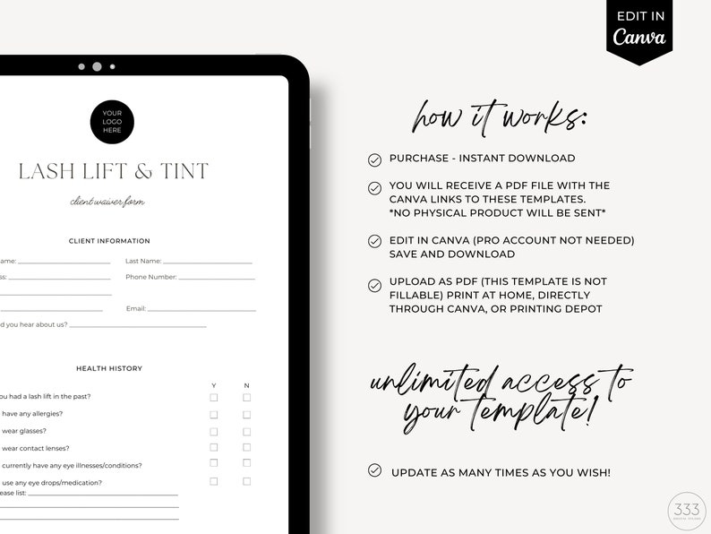 Lash Lift Consent, Editable Template, Lash Lift and Tint Aftercare Card ...