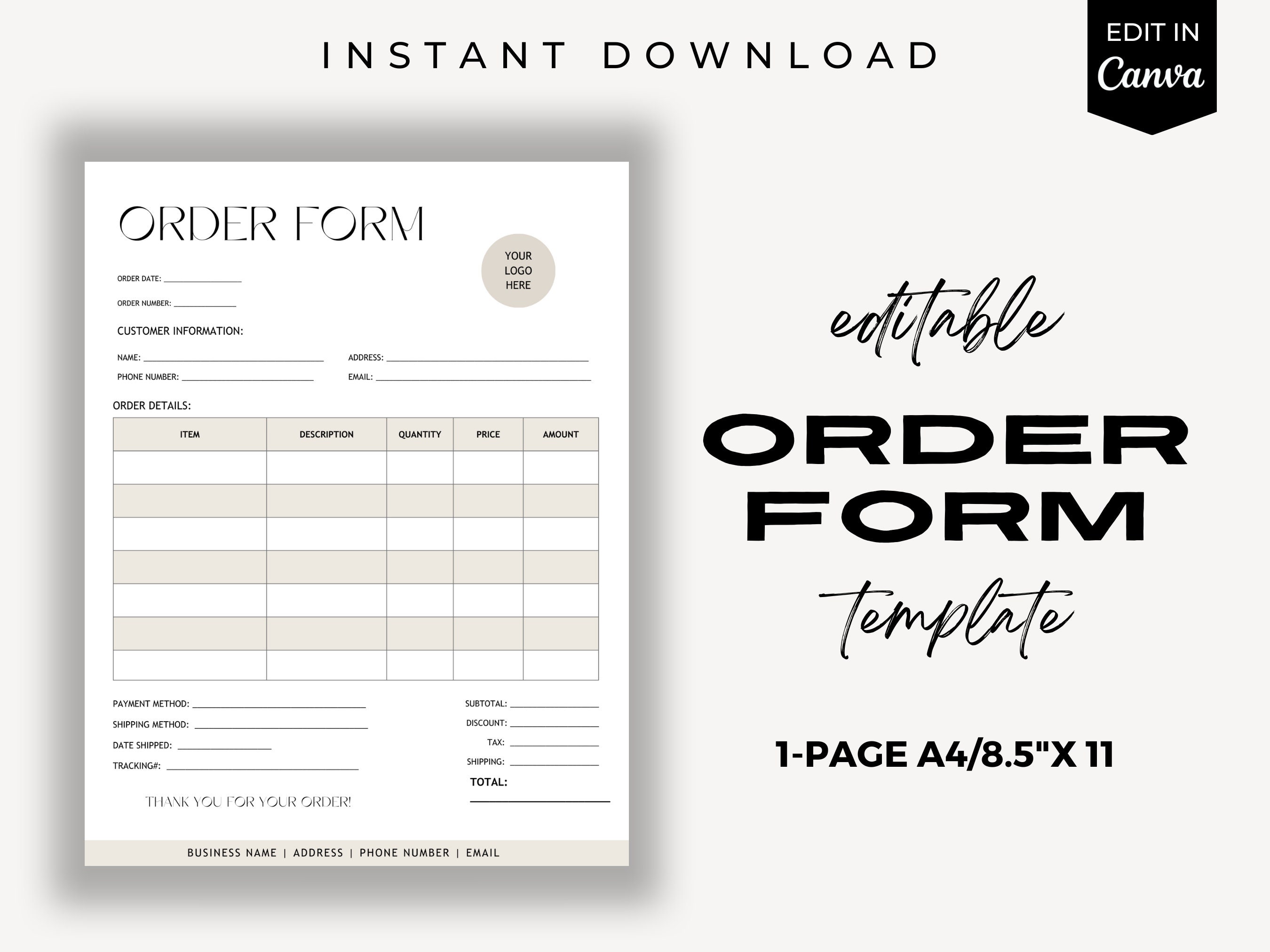 Editable Order Form Template, Purchase Order Form, Canva Template ...