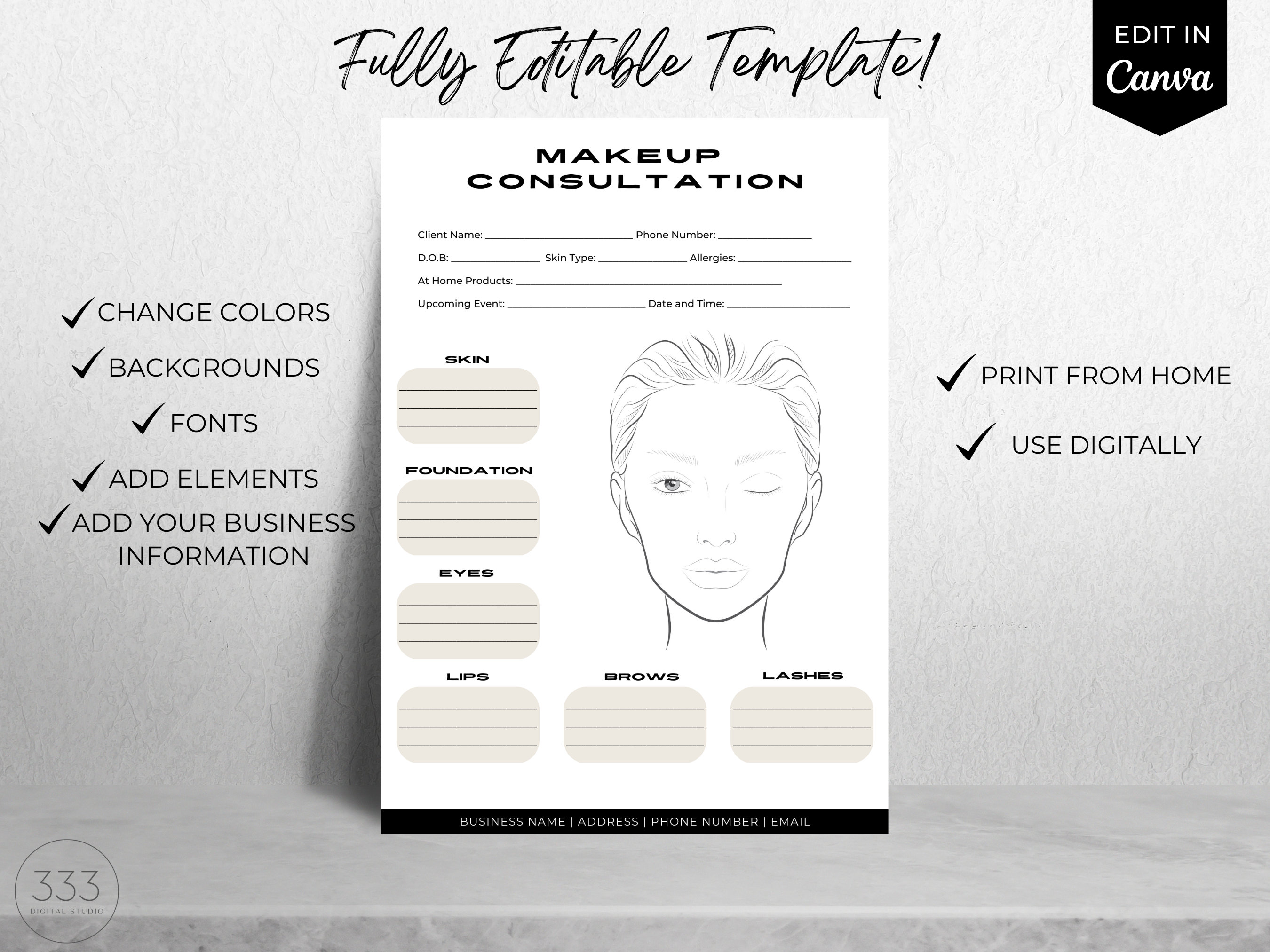Editable Makeup Face Chart, Beauty Template, Salon Forms, Makeup ...