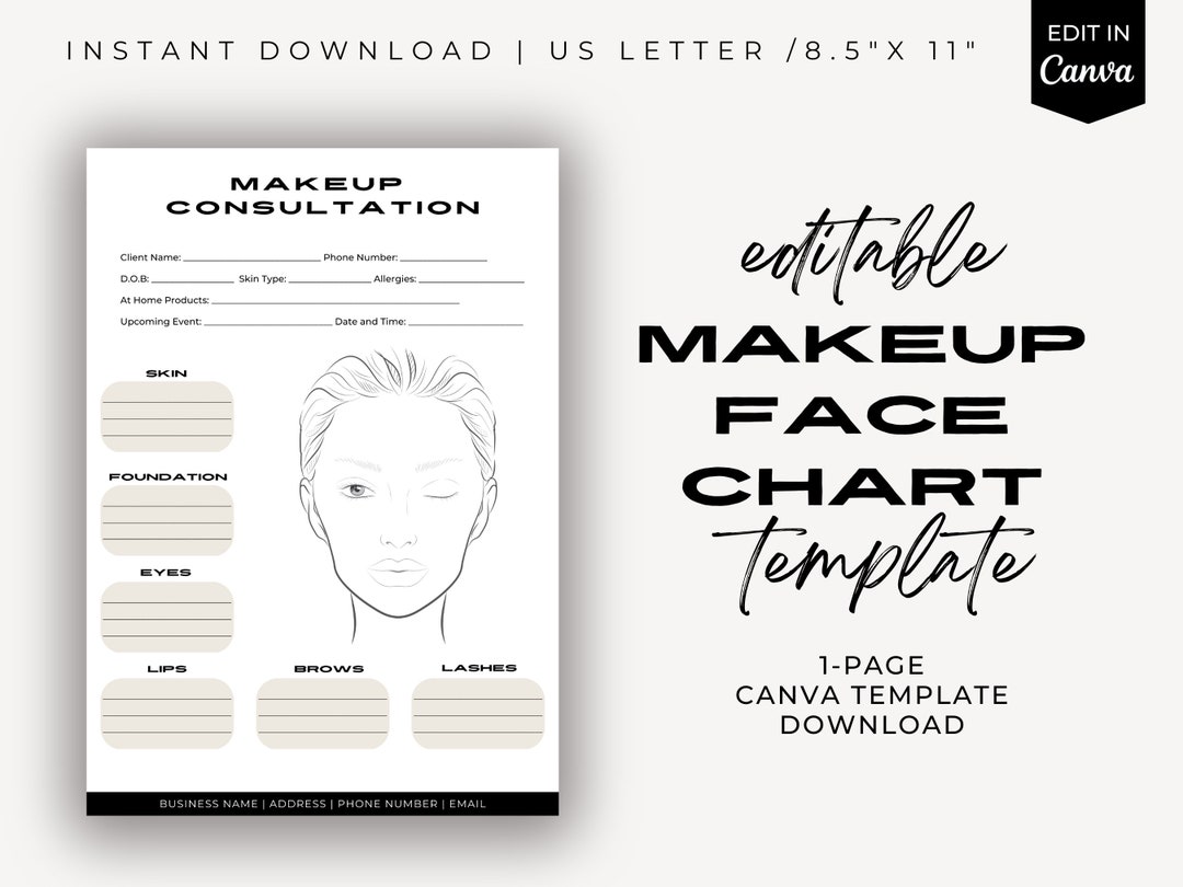 Editable Makeup Face Chart, Beauty Template, Salon Forms, Makeup ...