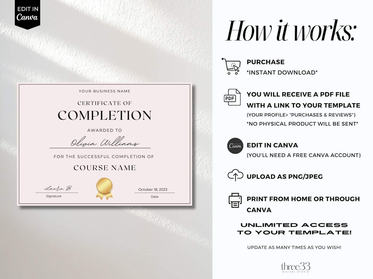 Editable Training Certificate Template, Certificate of Completion ...