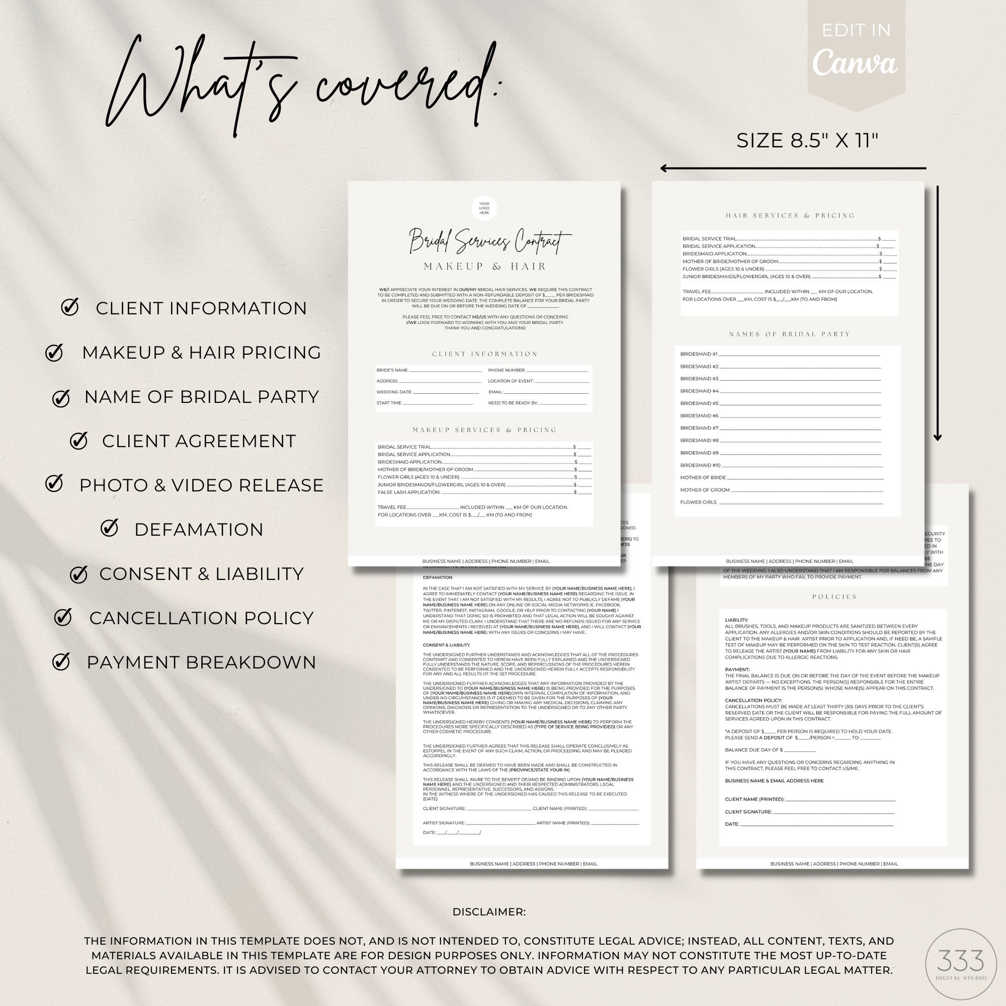 Editable Bridal Services Contract, MUA Client Forms, Wedding Contract ...