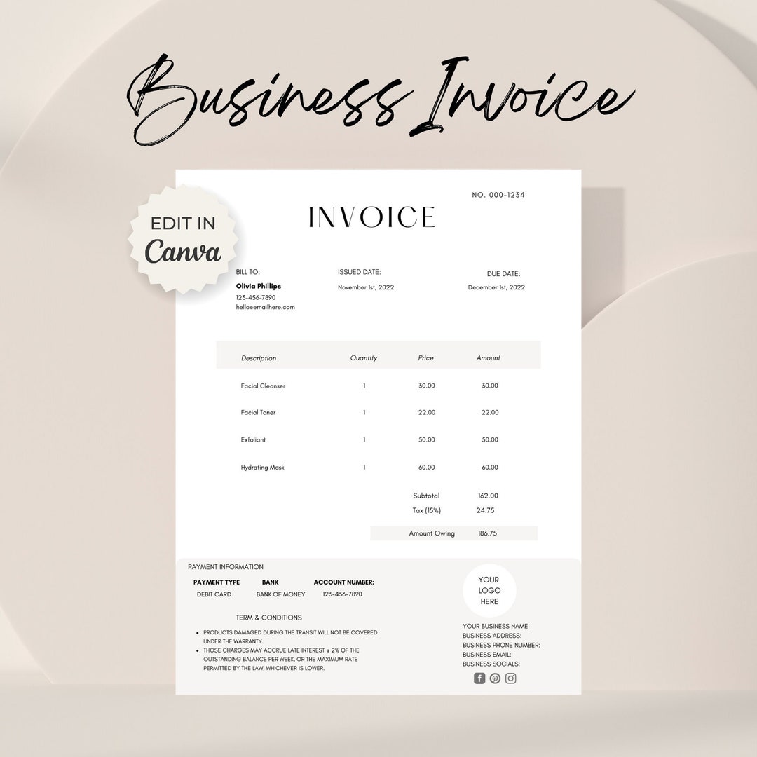 Editable Business Invoice Template Editable Form Small - Etsy