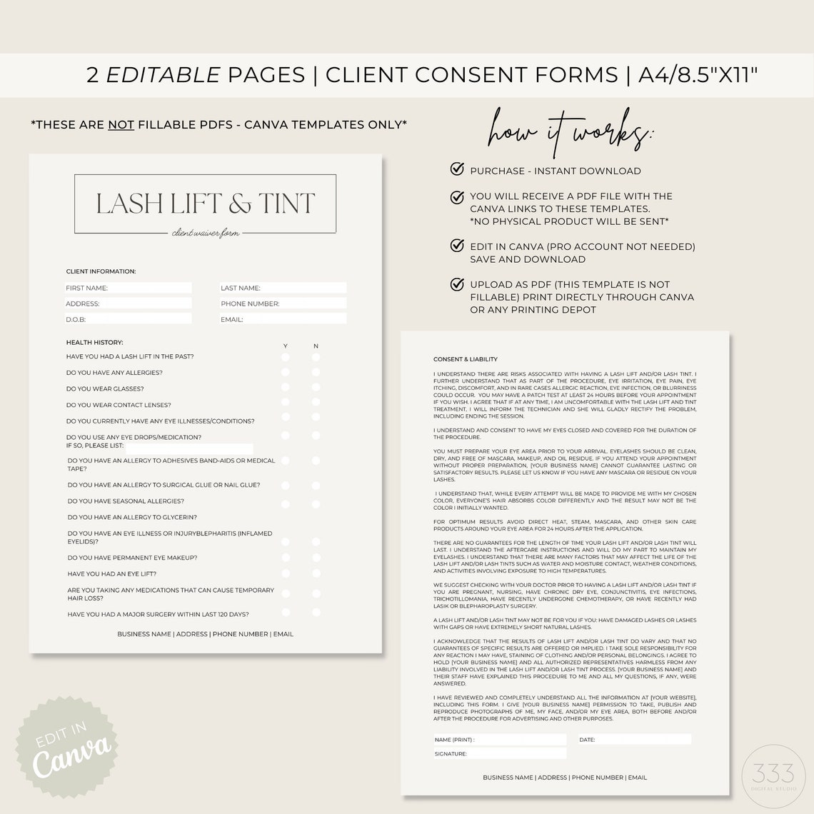 Lash Lift Consent Editable Template Lash Lift and Tint - Etsy Canada