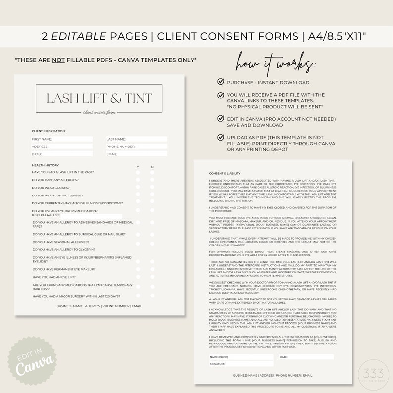 Lash Lift Consent Form Template, Esthetician Aftercare Card (editable ...